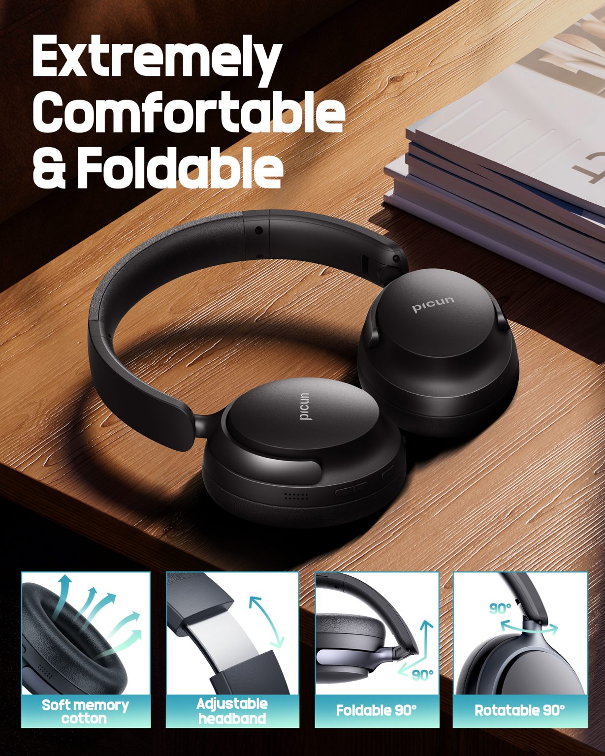 Picun NC60 Hybrid Active Noise Cancelling Headphones, Foldable Wireless ...